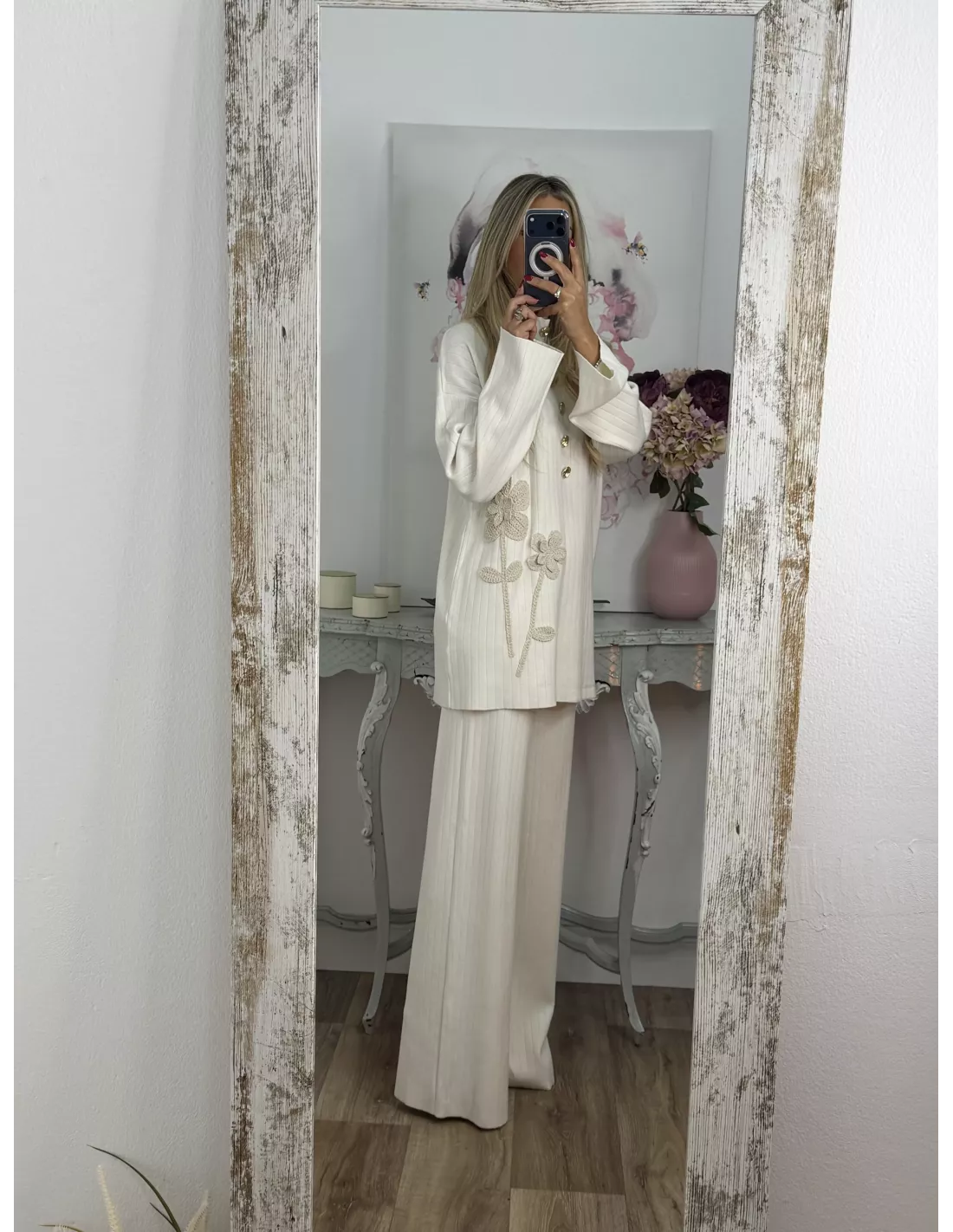 Conjunto Flor crochet hueso